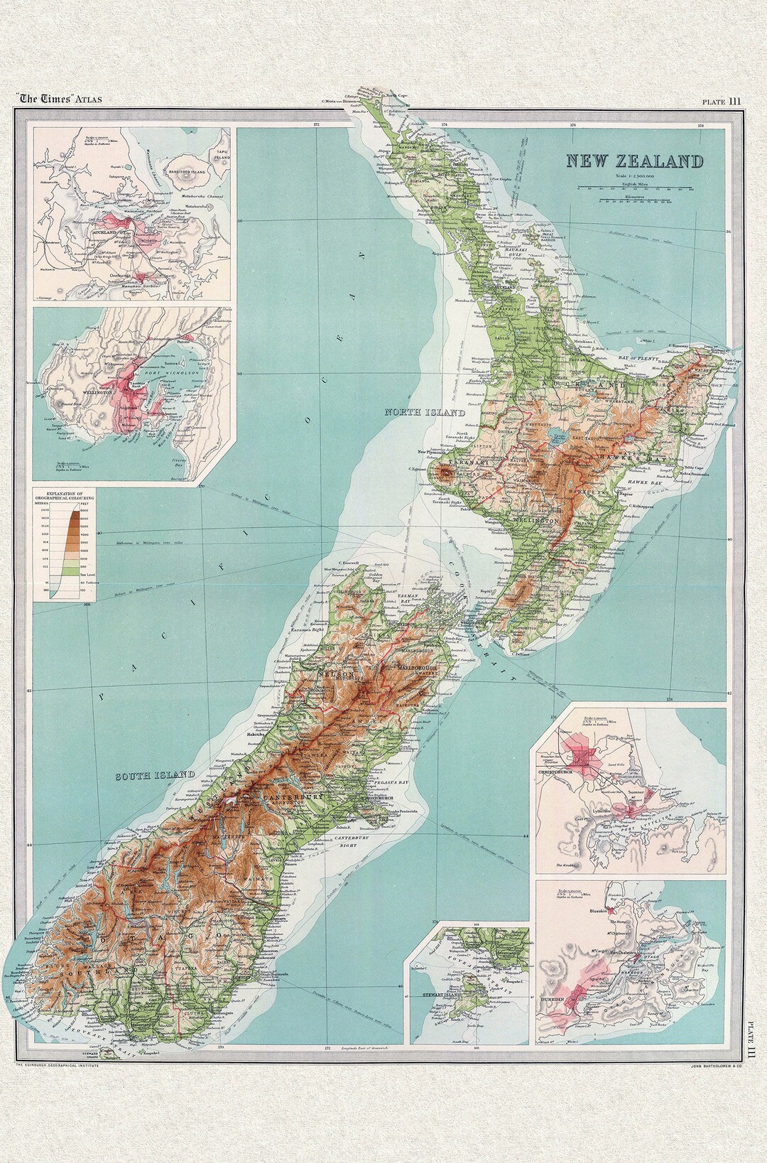 New Zealand, 1922, Antique Map From the Times Atlas & Gazetteer - Teak ...