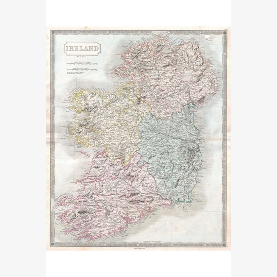 Ireland 1850 Hall Map Stunning Antique Cartography Teak | Etsy