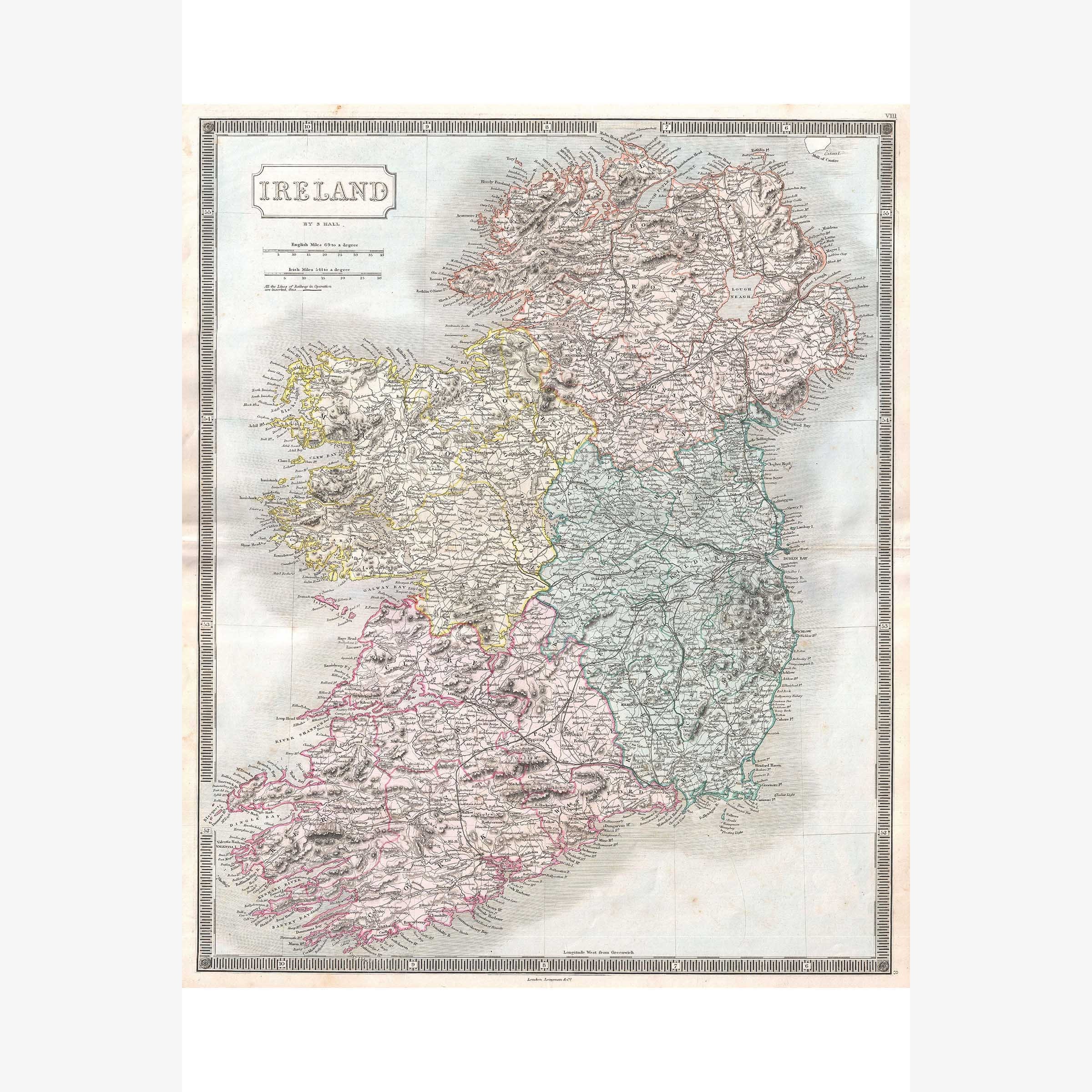 Ireland 1850 Hall Map Stunning Antique Cartography Teak | Etsy