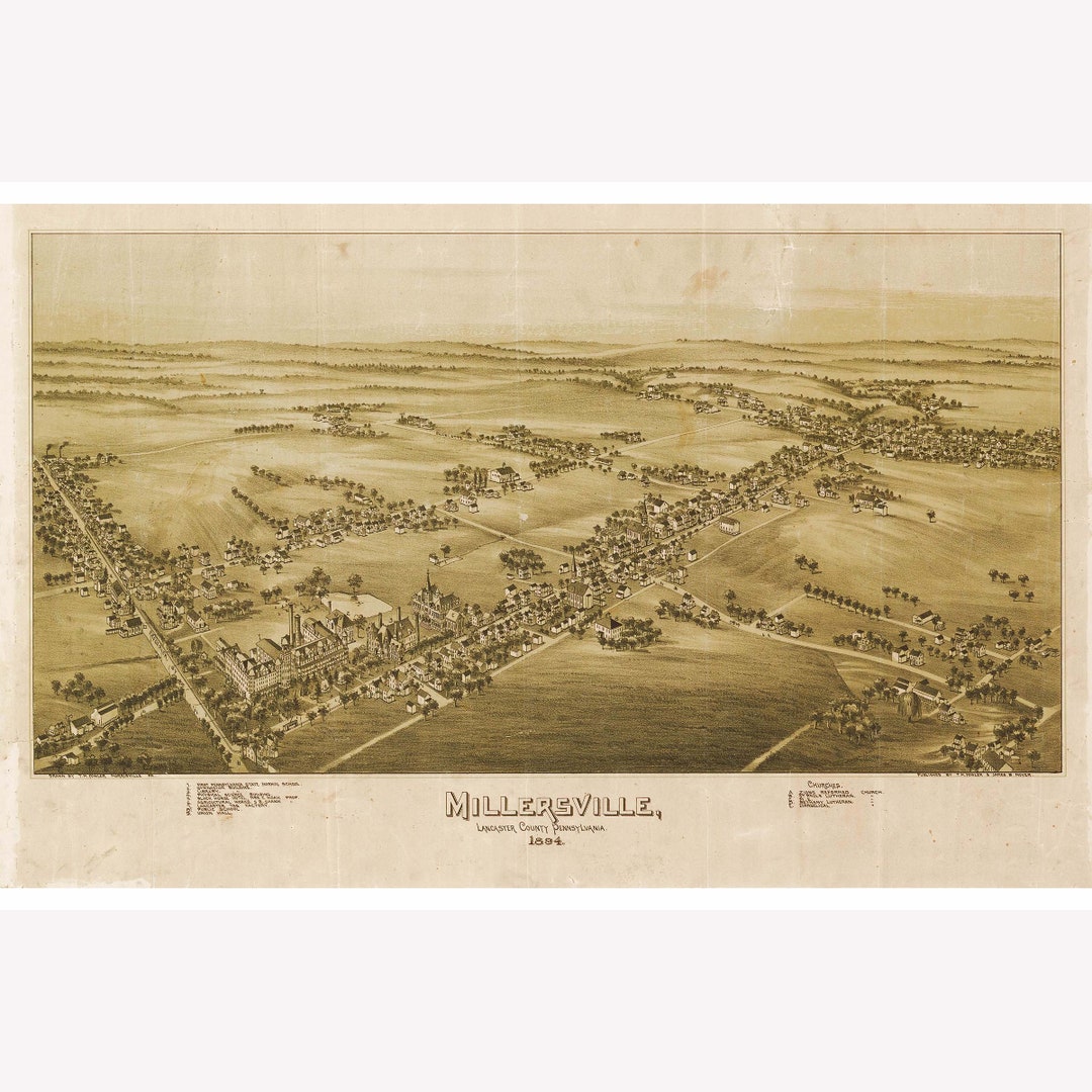 Map of Millersville, Lancaster Co PA; Antique Map; Pictorial Map, 1894 ...