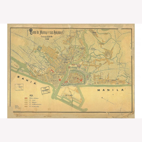 Map of Manila Philippines & Suburbs Antique Map 1898 Teak | Etsy