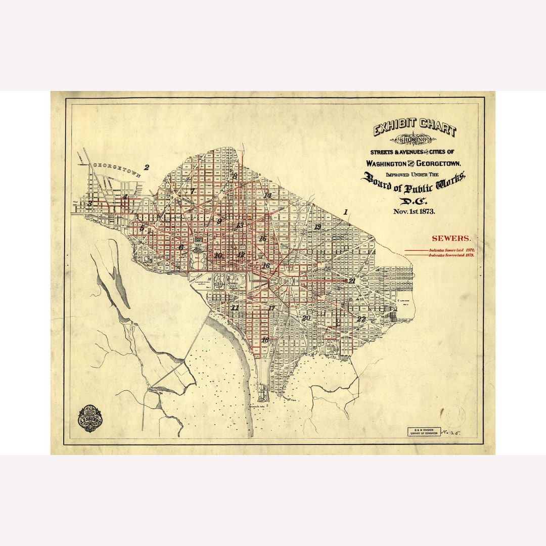 Map of Washington, DC and Georgetown; Antique Map, 1873 - Teak Wood ...