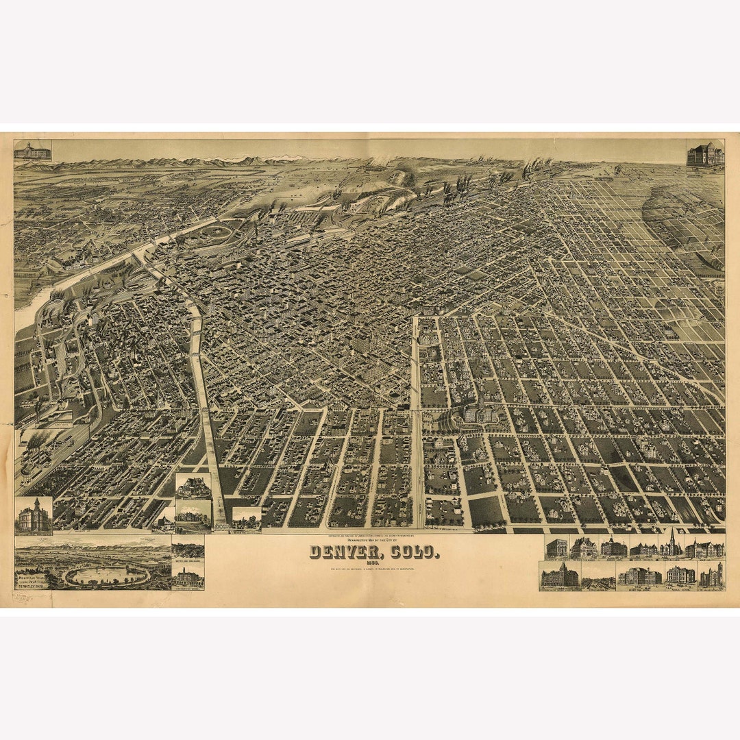 Map of Denver, Colorado; Antique Map; Pictorial or Birdseye Map, 1889 ...