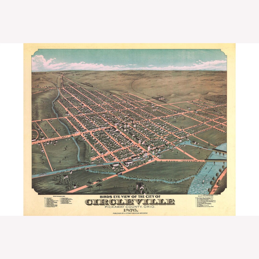 Circleville OH, Antique Map; Perspective, Pictorial or Birdseye Map ...