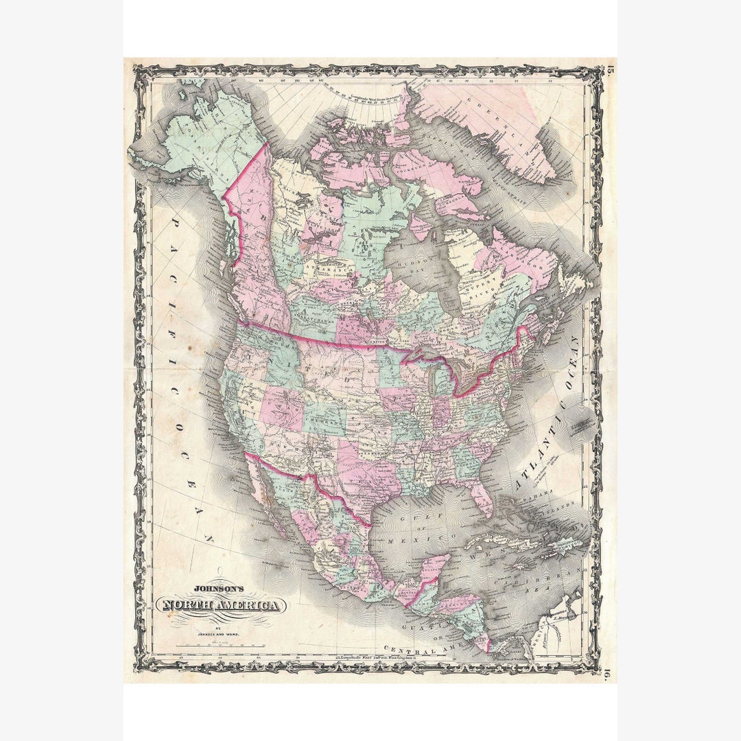 North America; 1862 Johnson Map; Lovely Historic Cartography - Teak ...