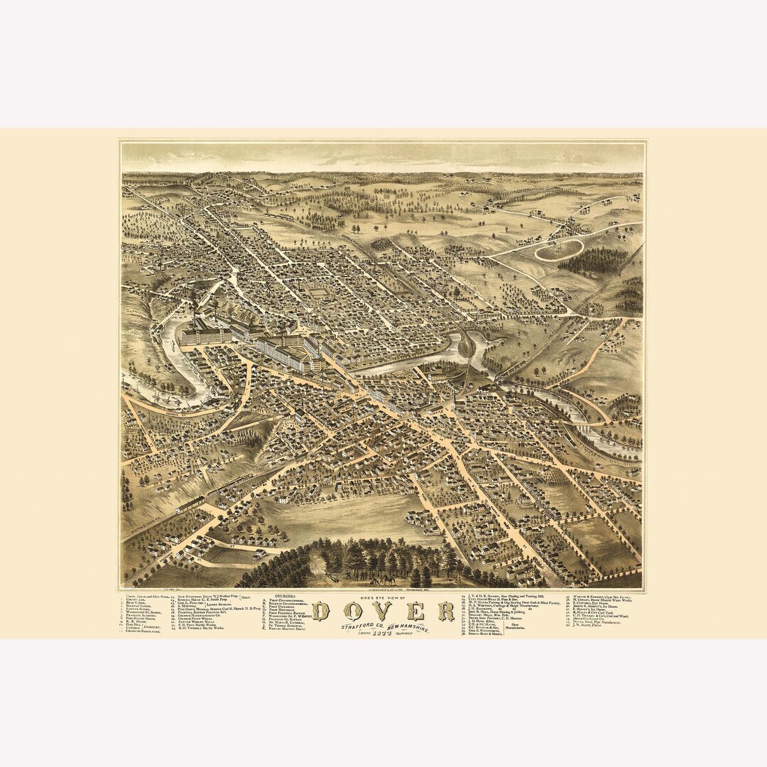Dover, New Hampshire; Antique Map; Pictorial or Perspective Map, 1877 ...