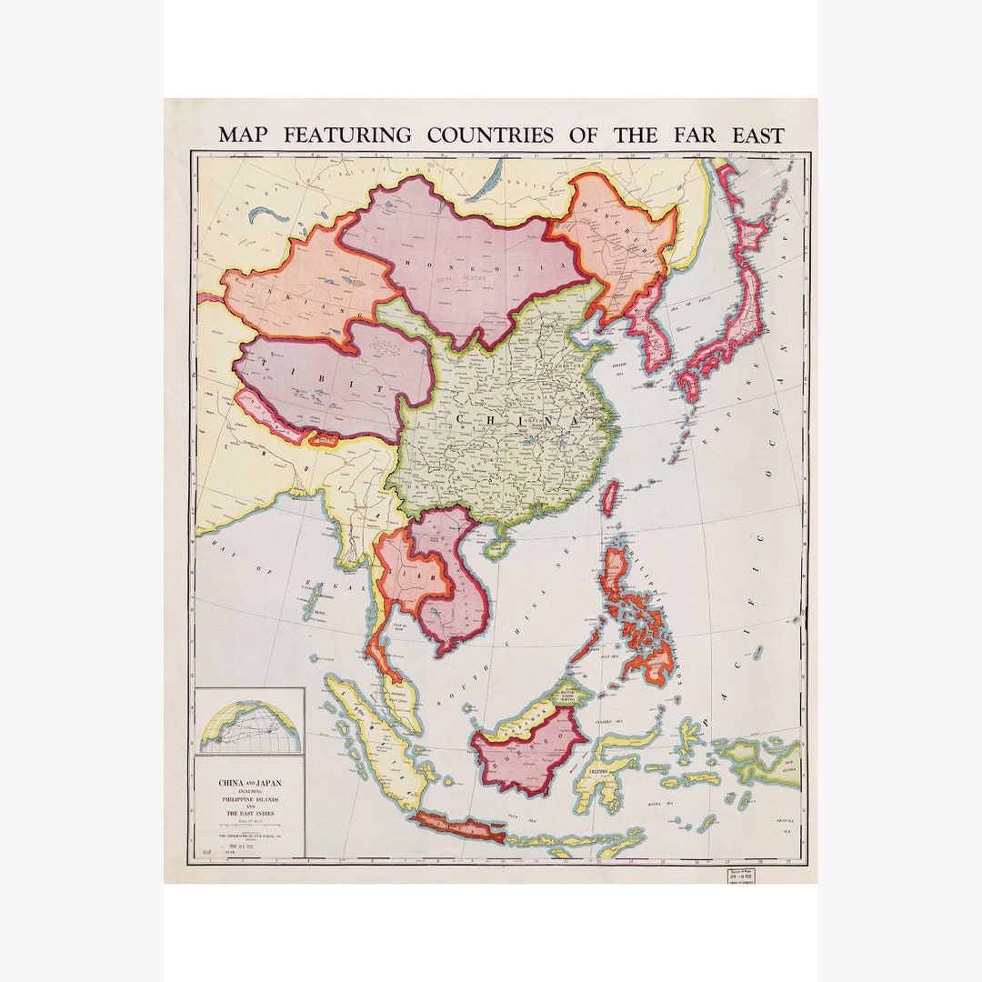 Map Featuring Countries of the Far East Antique Map - Teak Wood ...