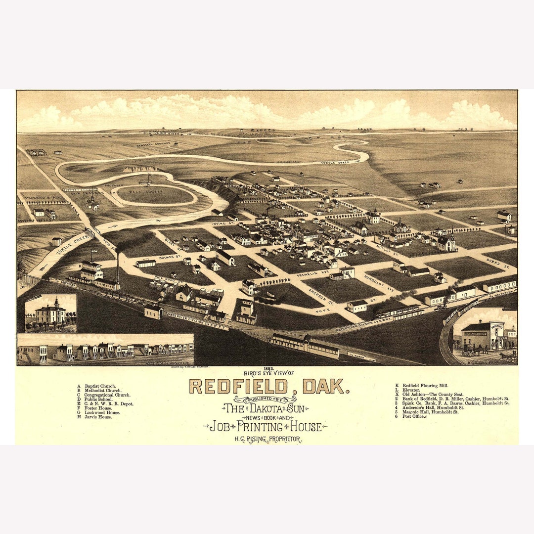 Map of Redfield, Dakota Territories 1883; Antique Birdseye Map - Teak ...