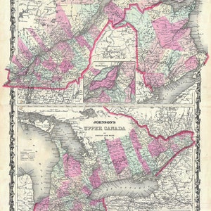 Ontario and Quebec, Canada; 1862 Johnson Map; Beautiful Historic ...