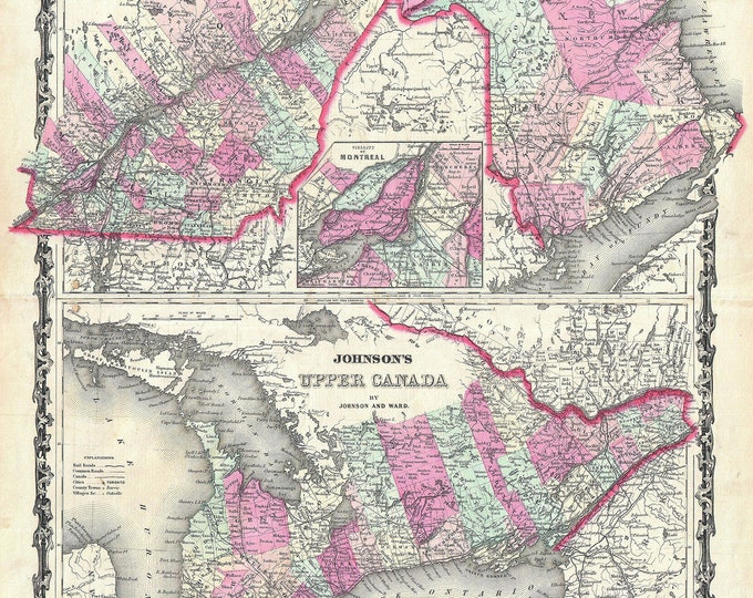 Ontario and Quebec, Canada; 1862 Johnson Map; Beautiful Historic ...