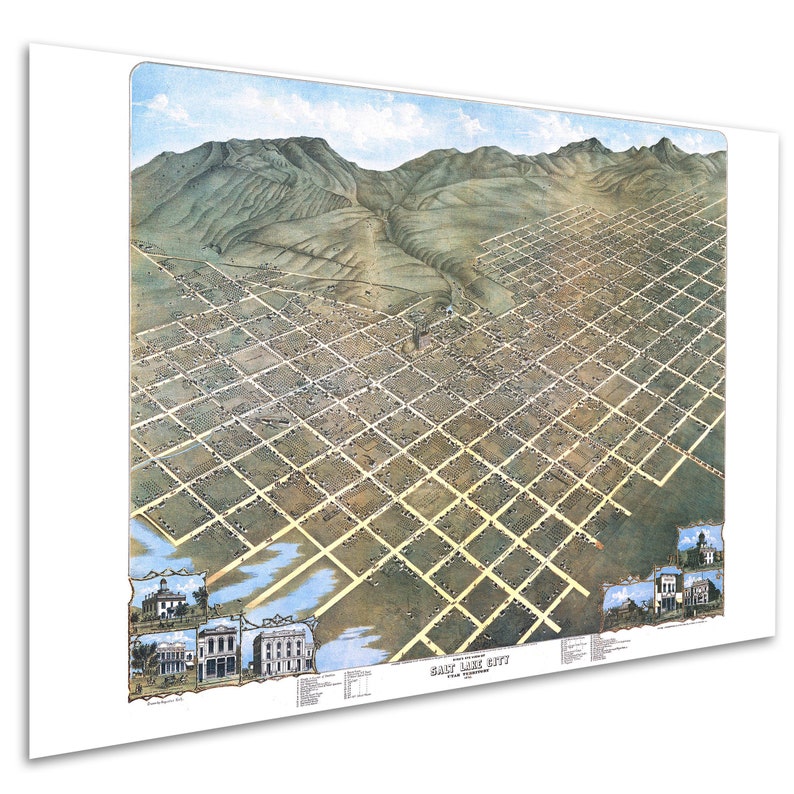 Map of Salt Lake City Utah 1870 Antique Birdseye Map - Etsy