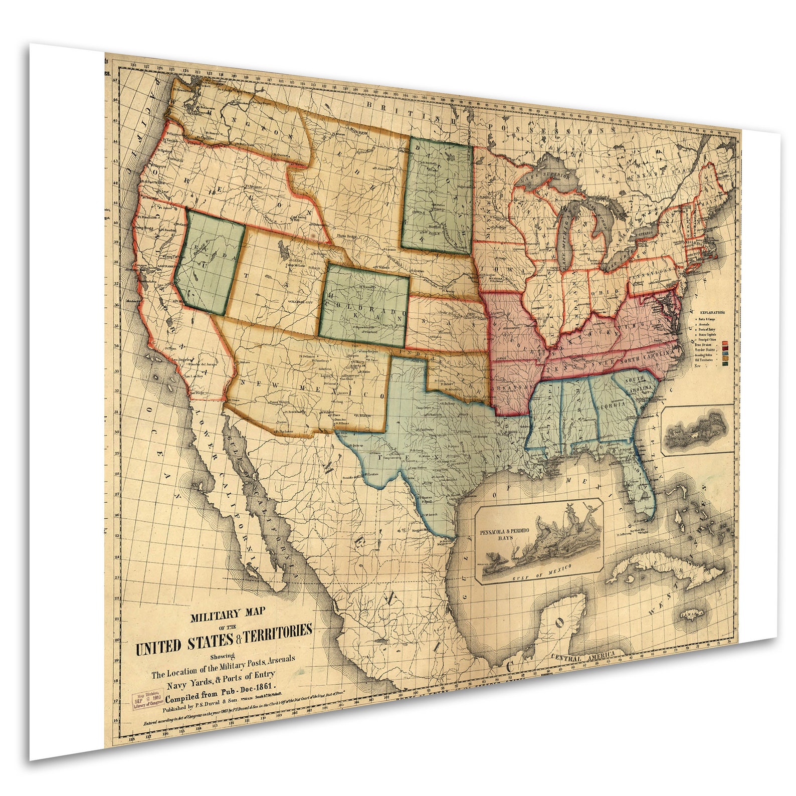 Civil War Military Map of US With Posts, Arsenals, Navy Yards; 1861 ...