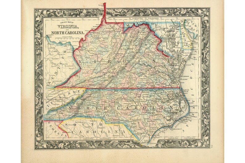 County Map Of Virginia And North Carolina 1860 | Etsy