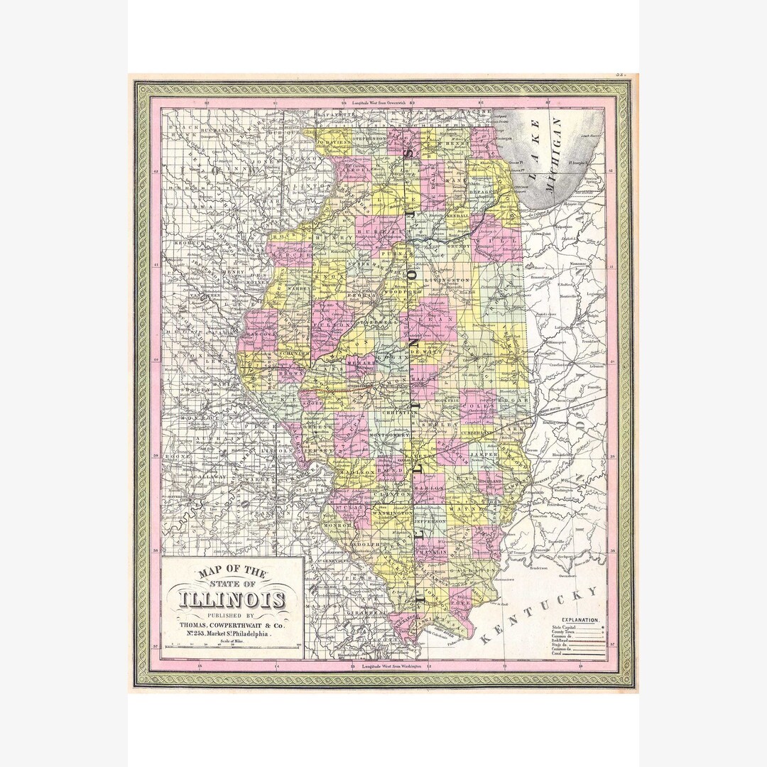 Illinois; 1850 Cowperthwait Map; Lovely First Quality Vintage ...