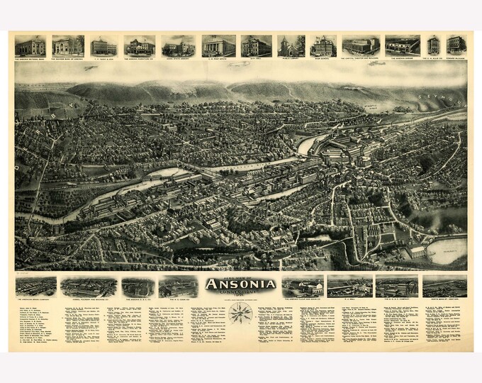 Ansonia Connecticut; Antique Pictorial Map 1921 - Teak Wood Magnetic ...