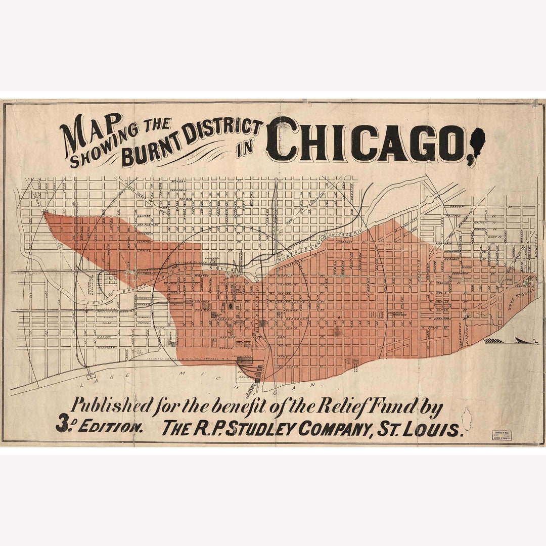 Map of Great Fire, Chicago 1871; Antique Map; Custom Printed to Order ...
