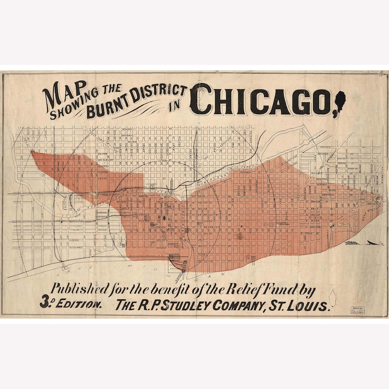 Map of Great Fire, Chicago 1871; Antique Map; Custom Printed to Order ...
