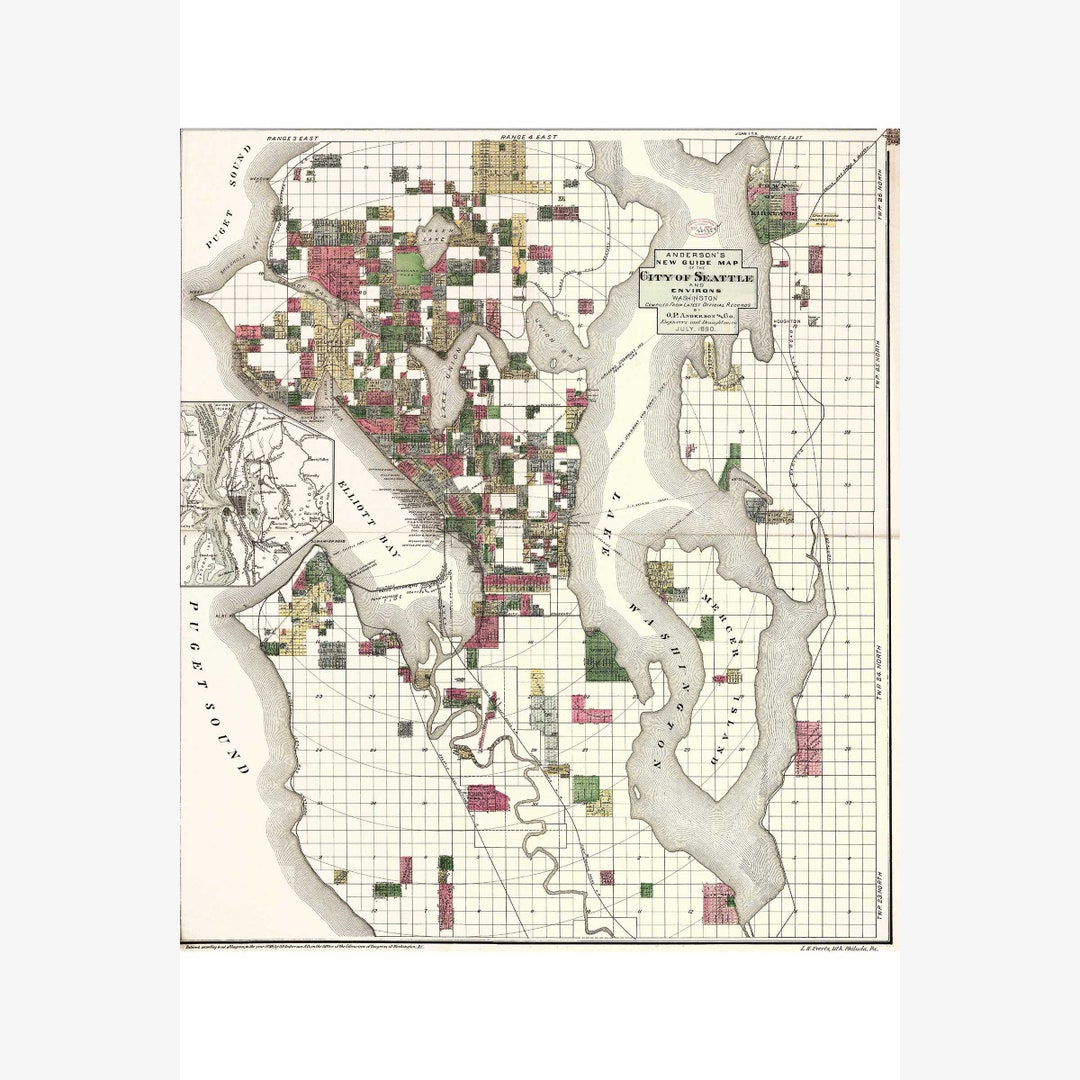 New Guide Map of Seattle, 1890 Antique Map Custom by Anderson Teak Wood ...