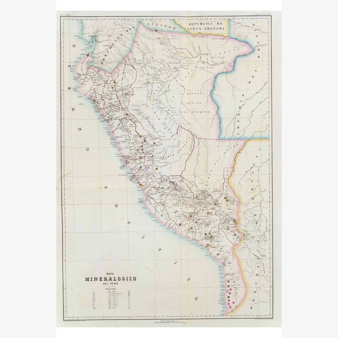 Mineralogical Map of Peru; Antique Map, 1885 - Teak Wood Magnetic ...