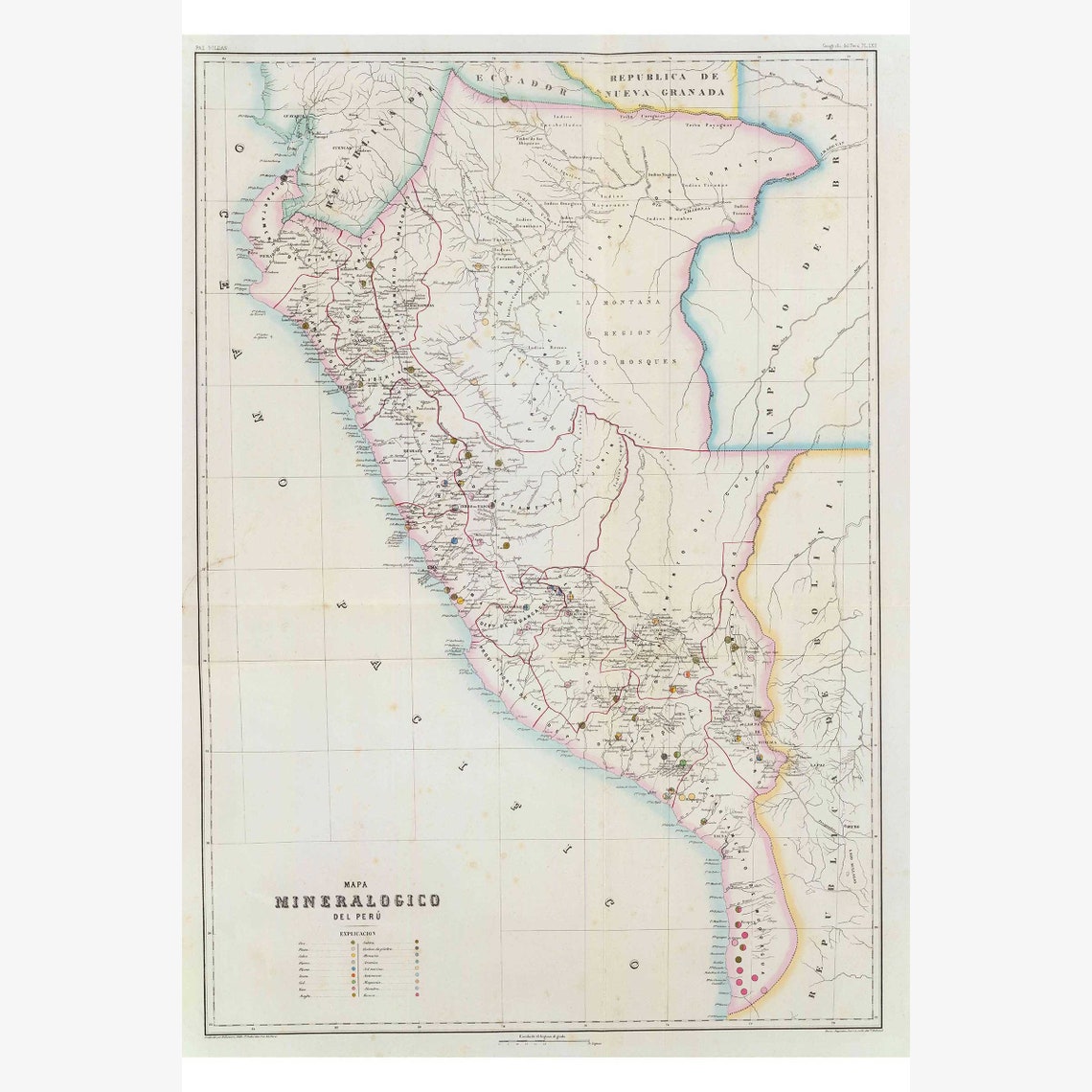 Mineralogical Map of Peru; Antique Map, 1885 - Teak Wood Magnetic ...