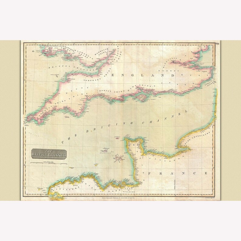 English Channel Antique Map by Thomson 1814 Teak Wood - Etsy