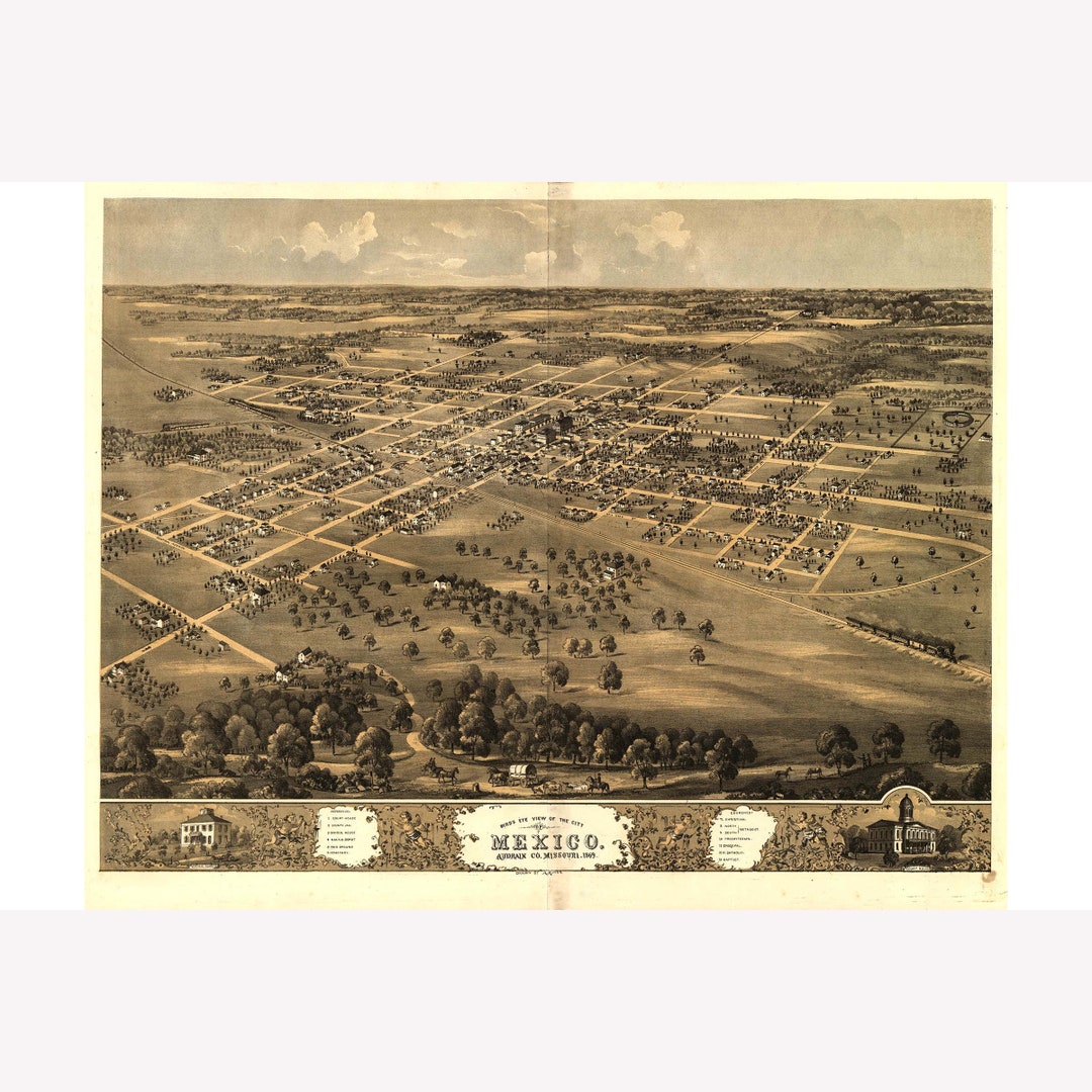 Map of Mexico, Missouri Antique Map; Pictorial or Birdseye Map, 1869 ...