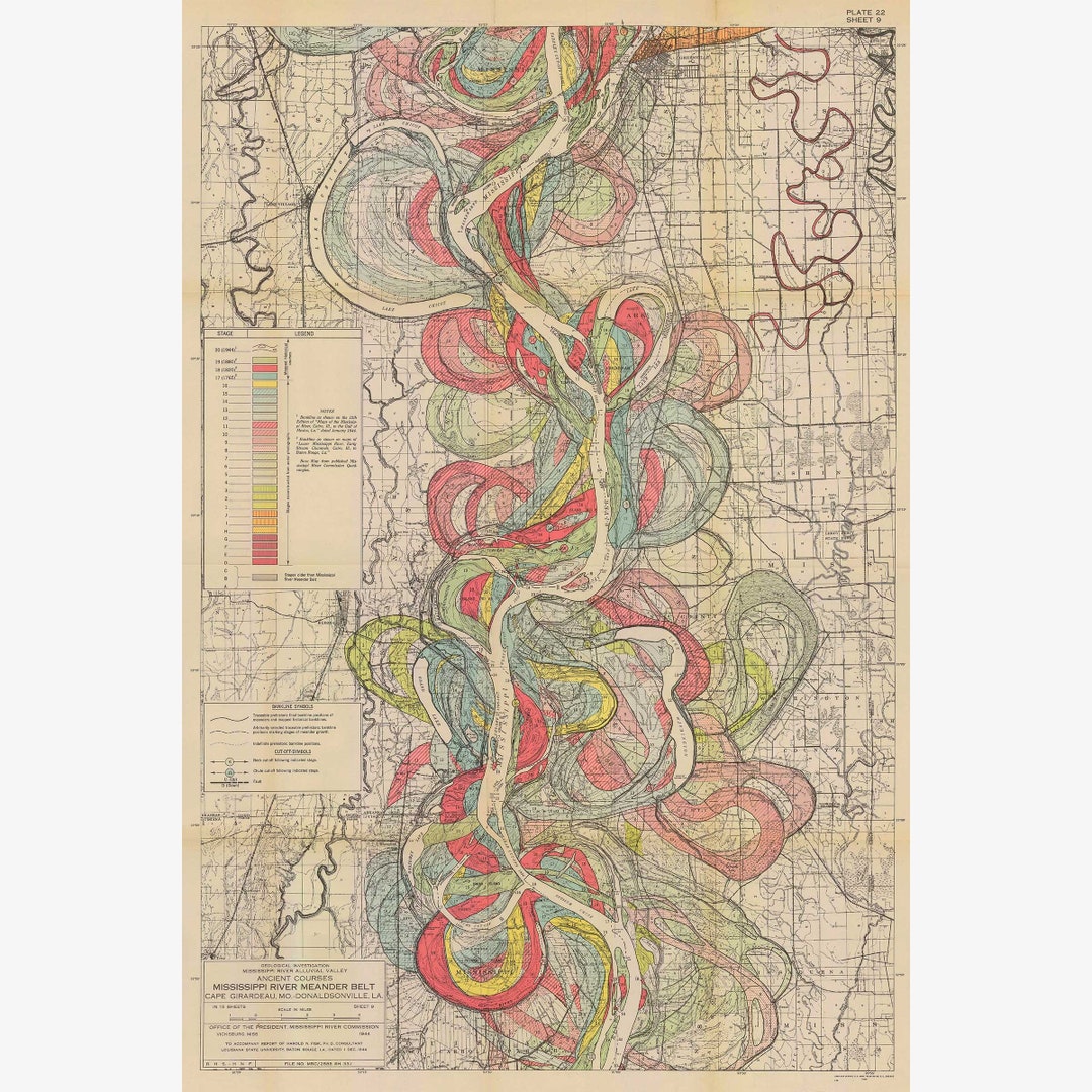 Mississippi River Meander Belt, Geological Map by Harold Fisk, 1944- 9 ...