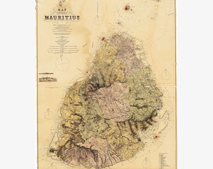 Mauritius, Antique Map 1880 by Descubes Historic Cartography Teak Wood ...