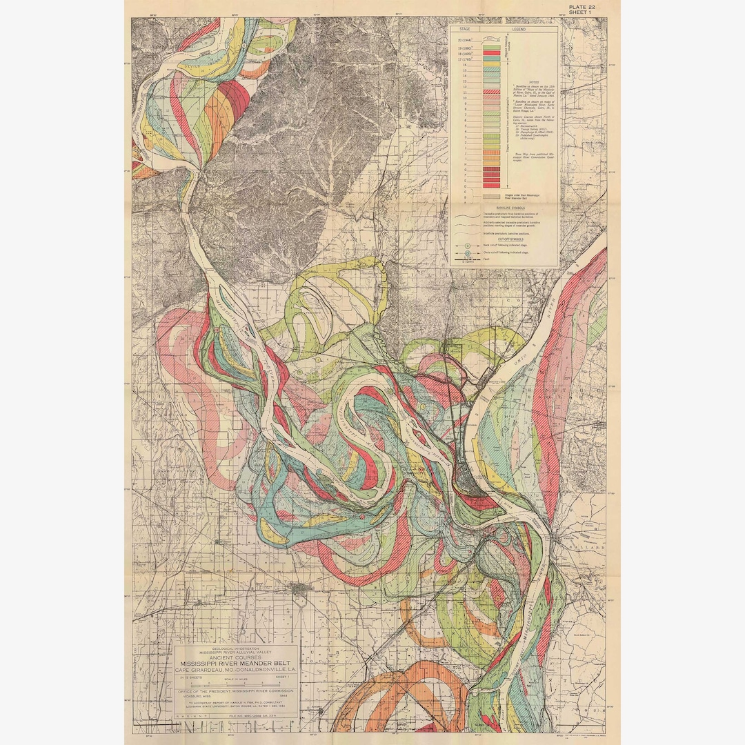 Mississippi River Meander Belt, Geological Map by Harold Fisk, 1944- 1 ...