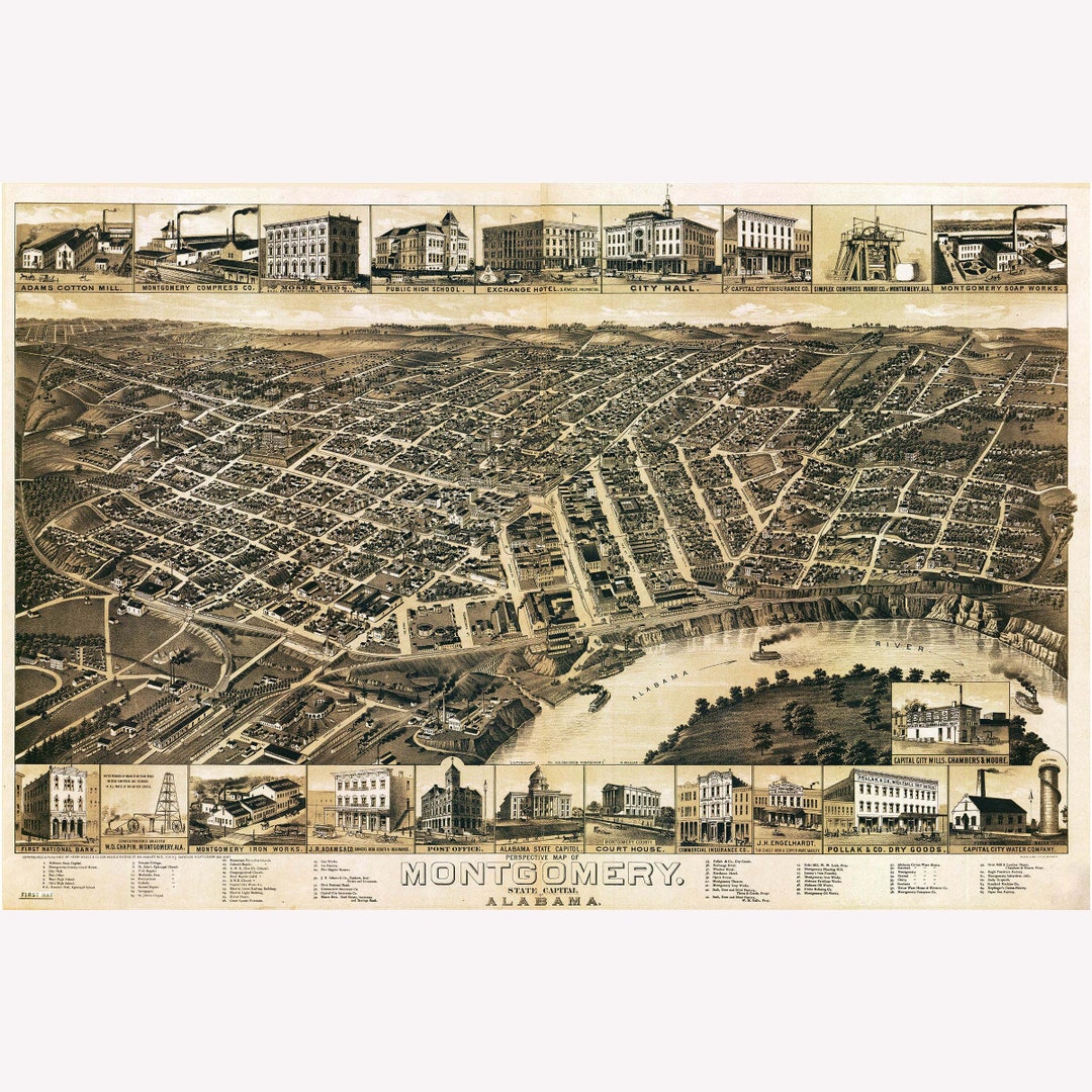 Montgomery, Alabama; Birdseye Map; Antique Pub. 1887 - Teak Wood ...