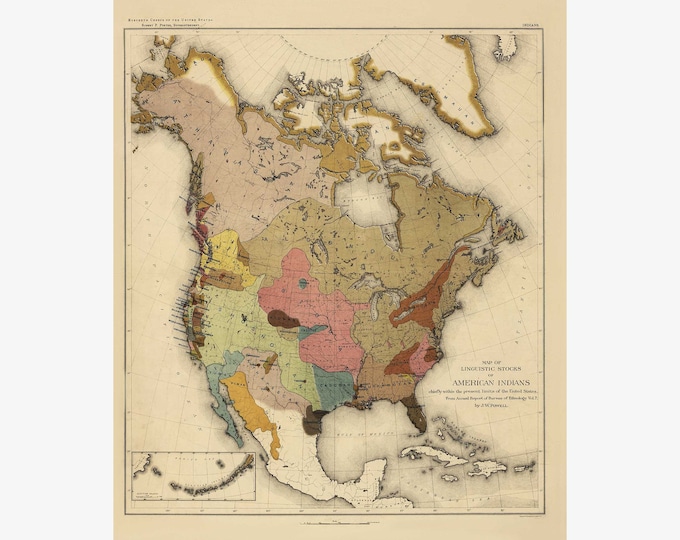 Native American Languages, Map by John Wesley Powell Late 1800s - Teak ...