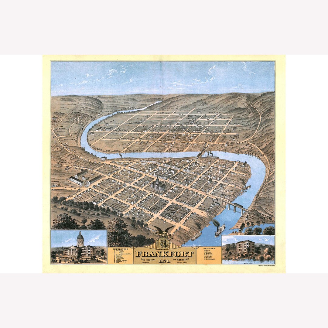Map of Frankfort Kentucky; Antique Map; Pictorial or Birdseye Map, 1871 ...