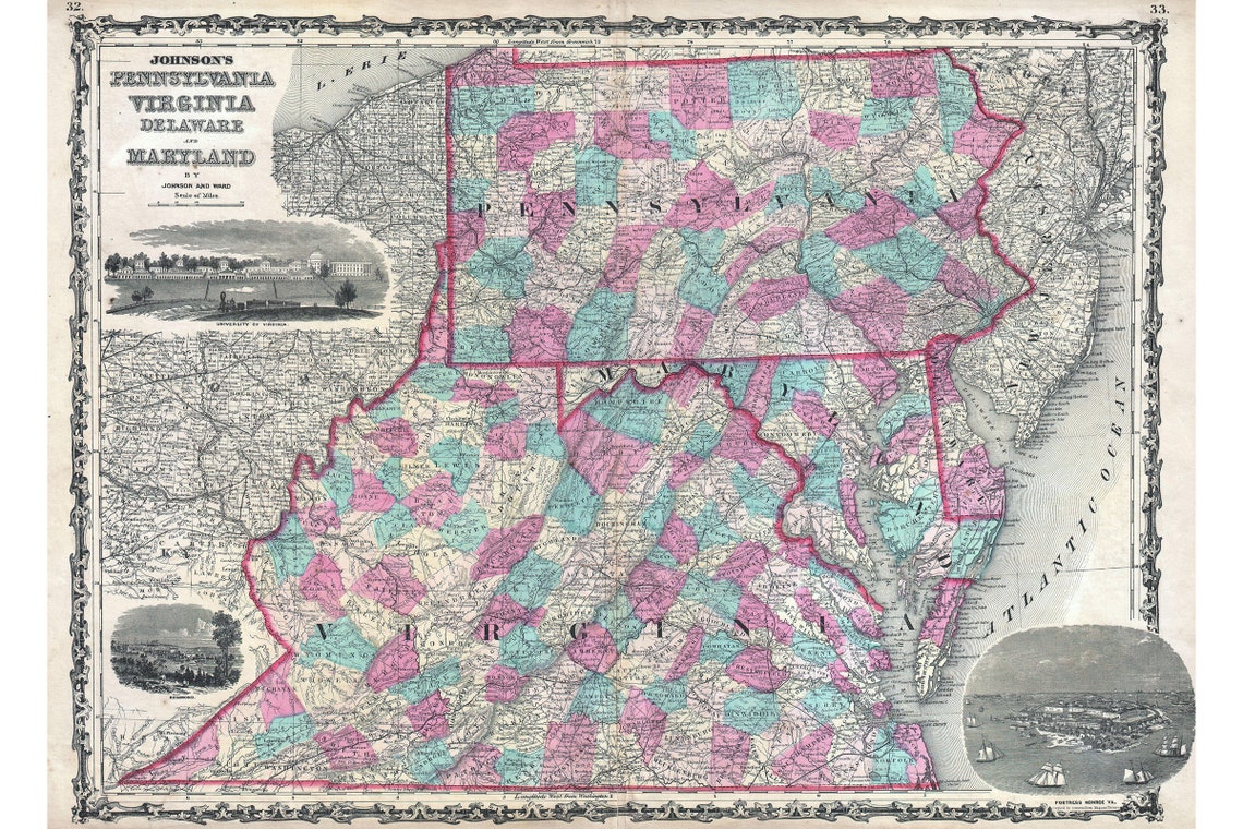 Virginia Maryland 1862 Johnson Map Delaware and | Etsy