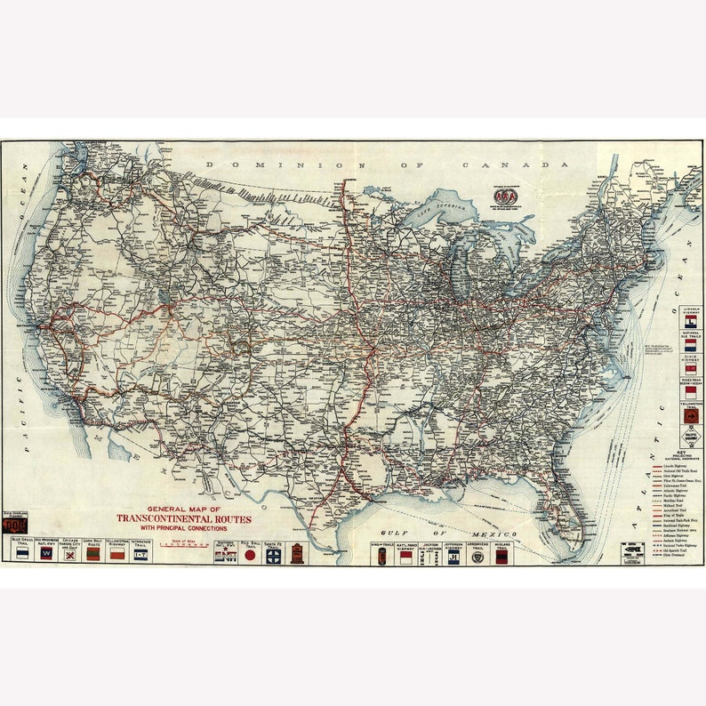 US Transcontinental Railroads Antique Map 1918 Custom | Etsy