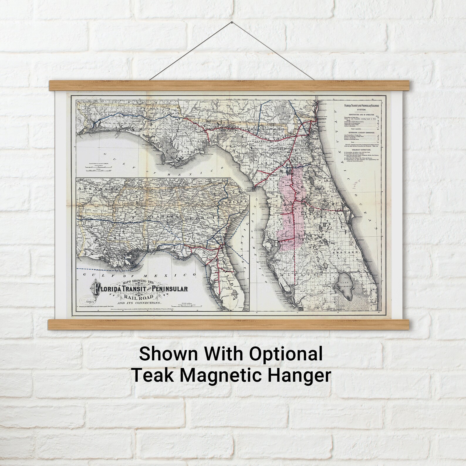 Florida Transit & Peninsular Railroad; Antique Map 1882 - Teak Wood ...