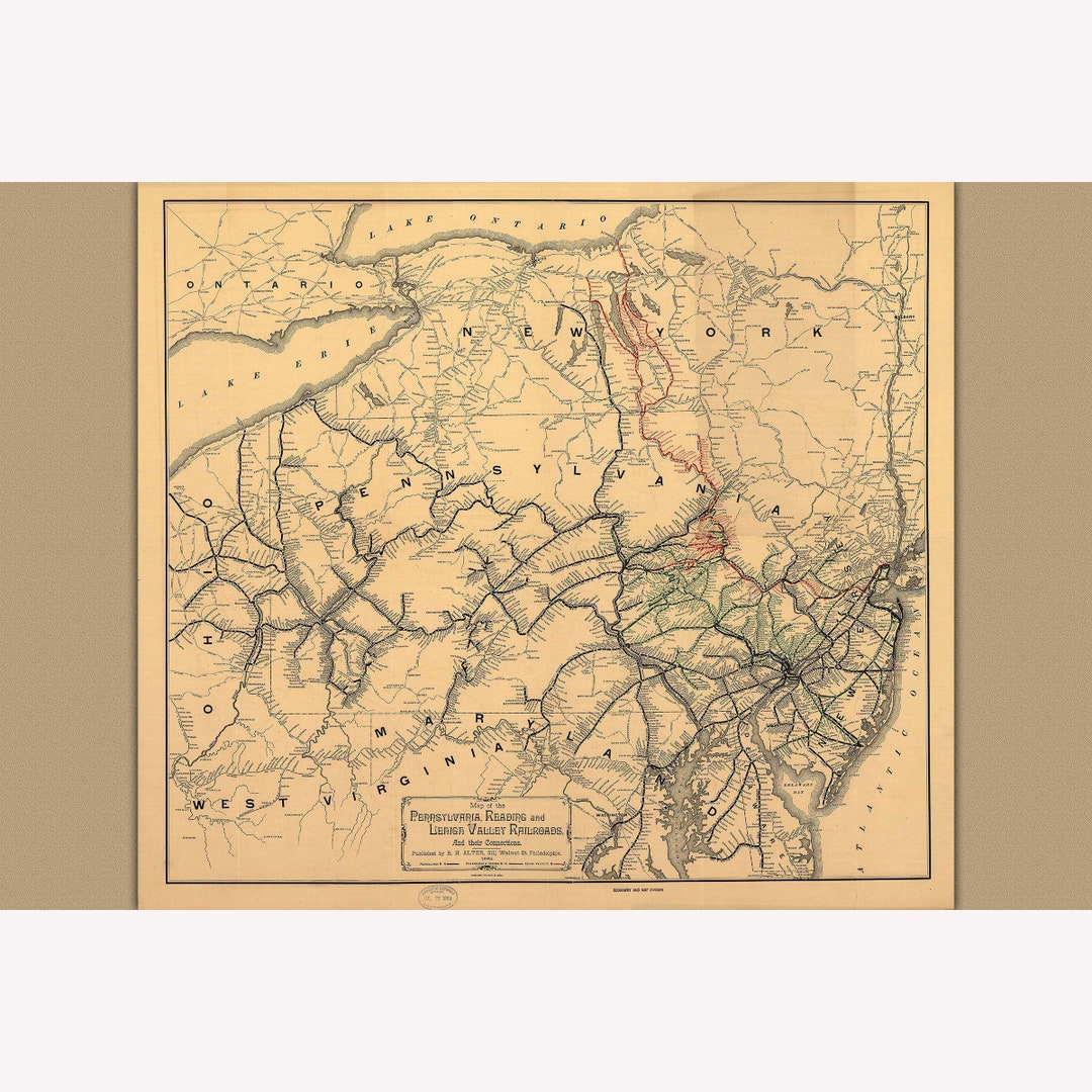 Reading Railroad; Antique Map, 1884 - Teak Wood Magnetic Hanger Frame ...