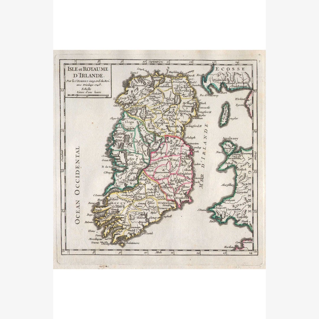 Map of Ireland; Antique Map; Historic Cartography by Vaugondy, 1749 ...