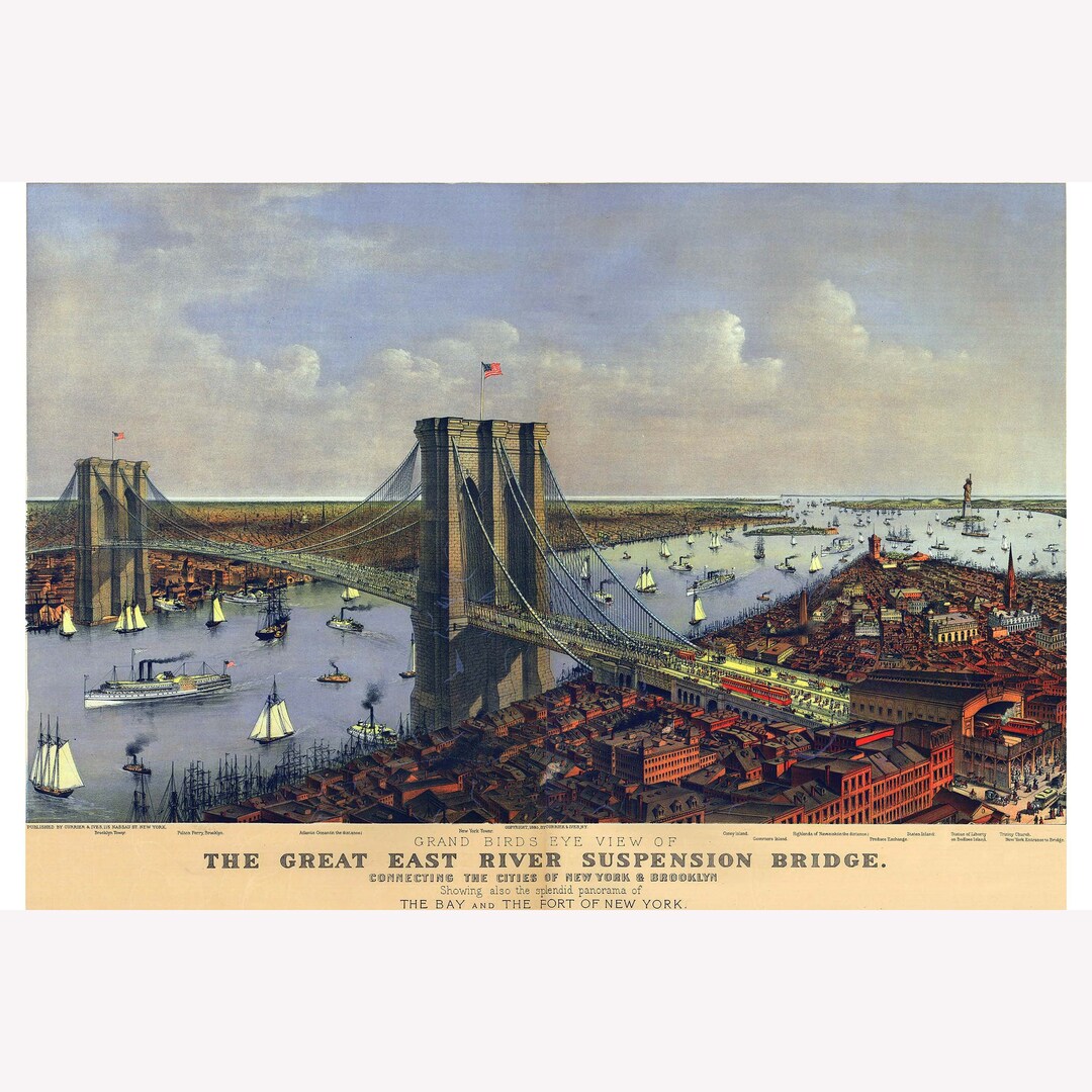 Map of Brooklyn Bridge by Currier and Ives 1885 Antique - Etsy