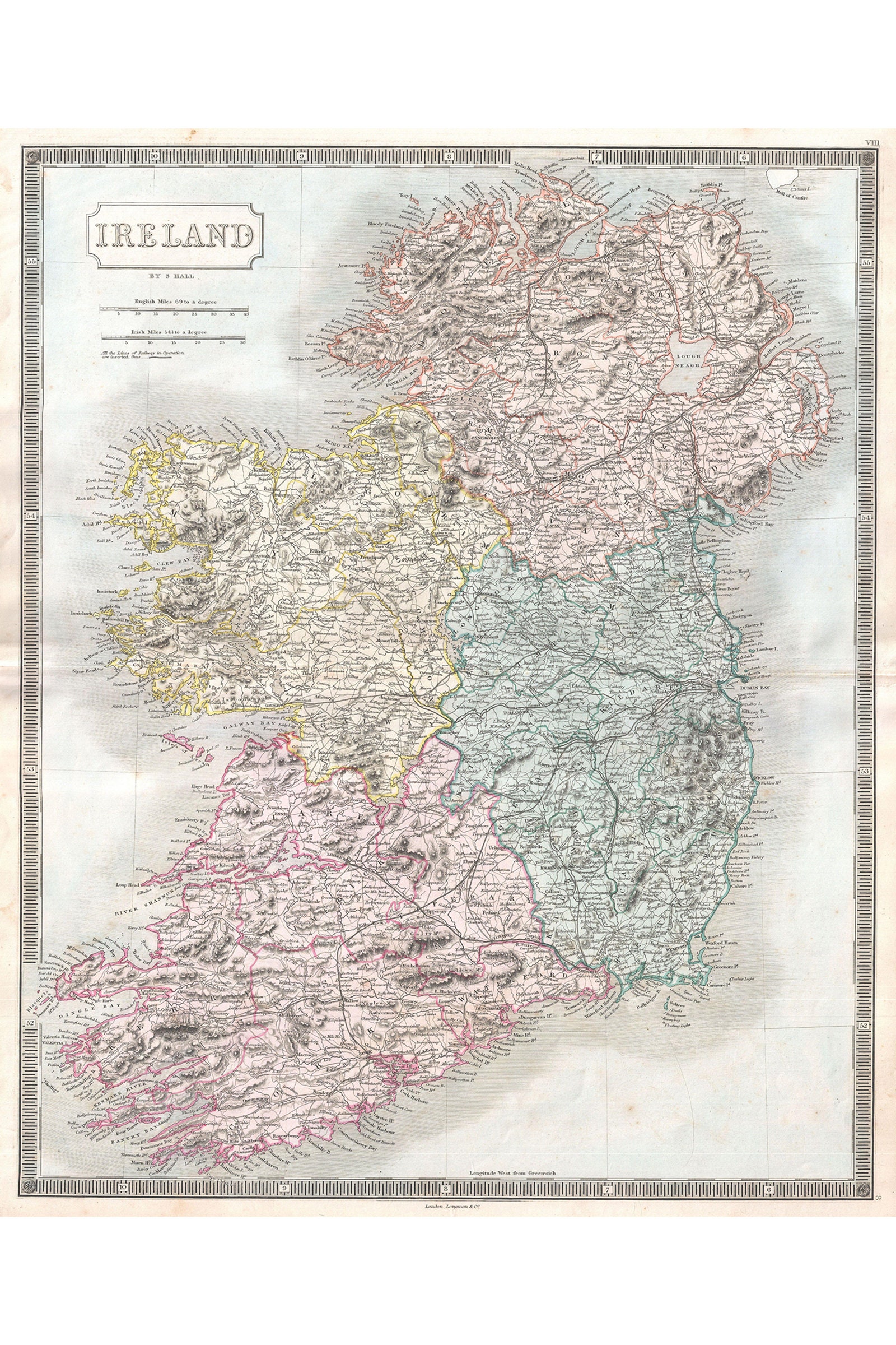 Ireland 1850 Hall Map Stunning Antique Cartography | Etsy