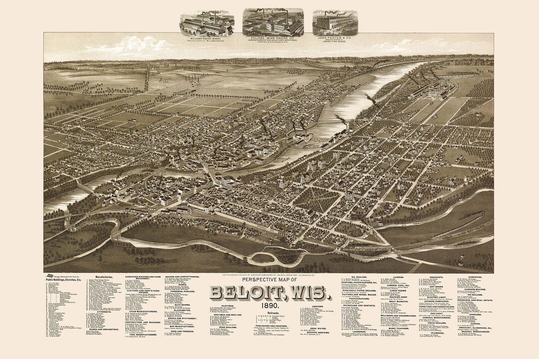 Beloit, Wisconsin; Antique Birdseye Map; 1890 - Teak Wood Magnetic ...