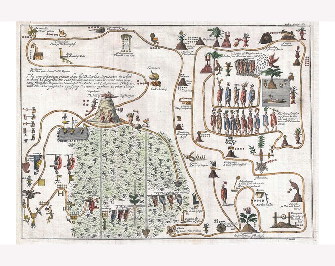 Map of Aztec Migration Aztlan to Chapultepec; Antique Map; Gemelli ...