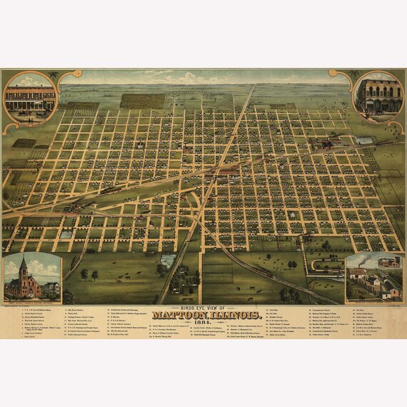 Map of Mattoon Illinois 1884 Antique Birdseye Map Custom | Etsy