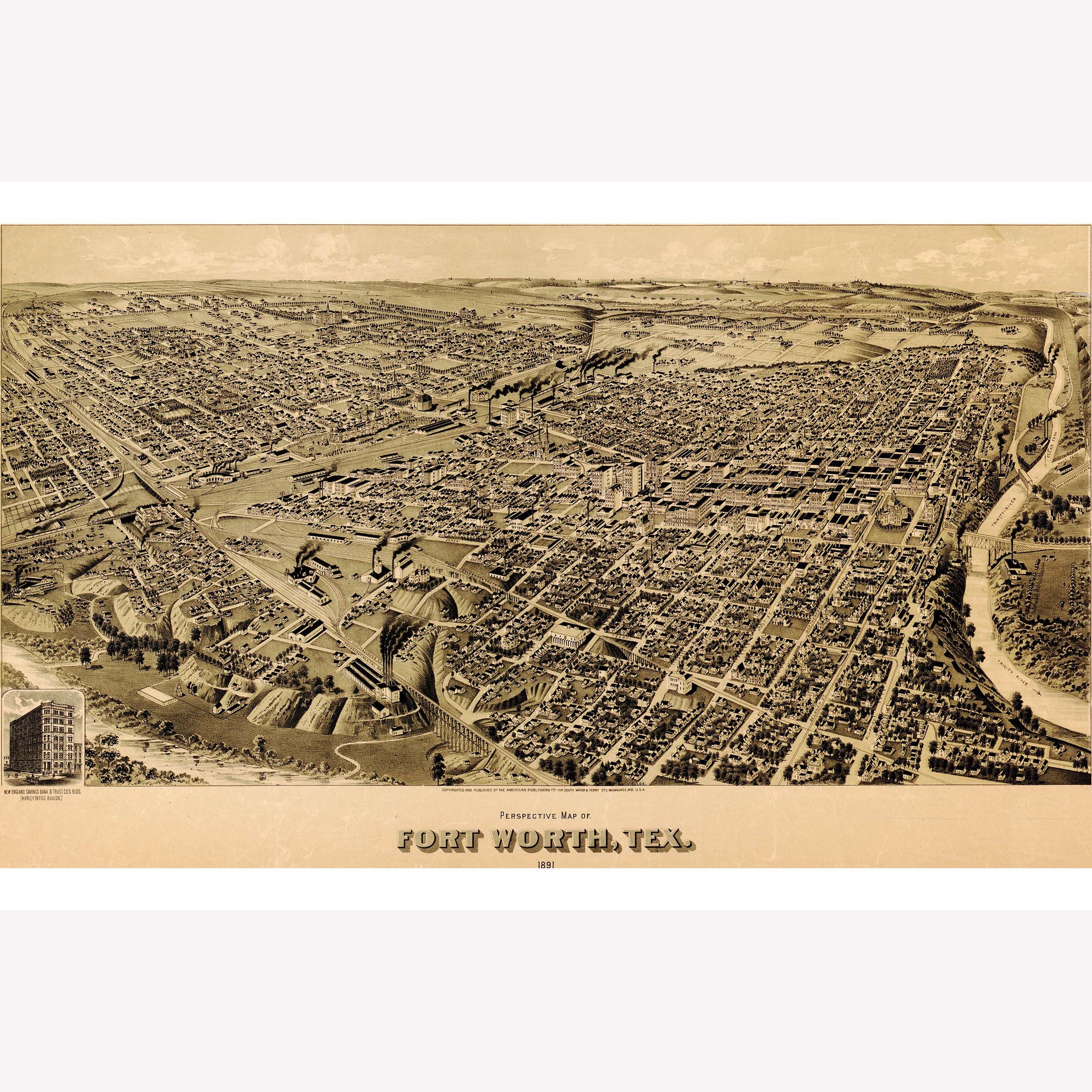 Map of Fort Worth Texas 1891 Antique Bird's Eye Map | Etsy