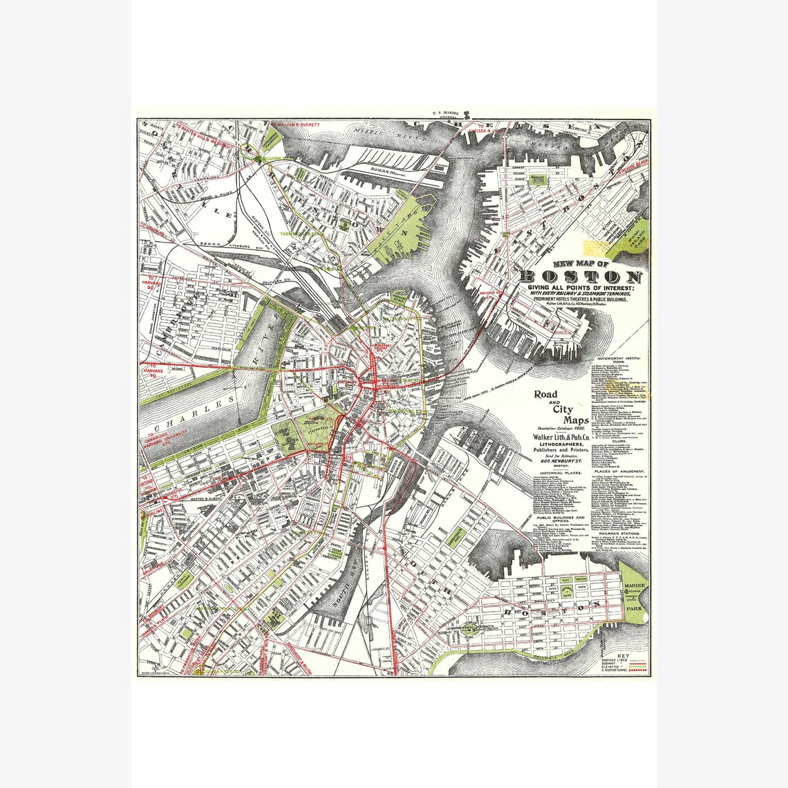 Boston New Map Showing Points of Interest Ca.1920 Teak Wood | Etsy