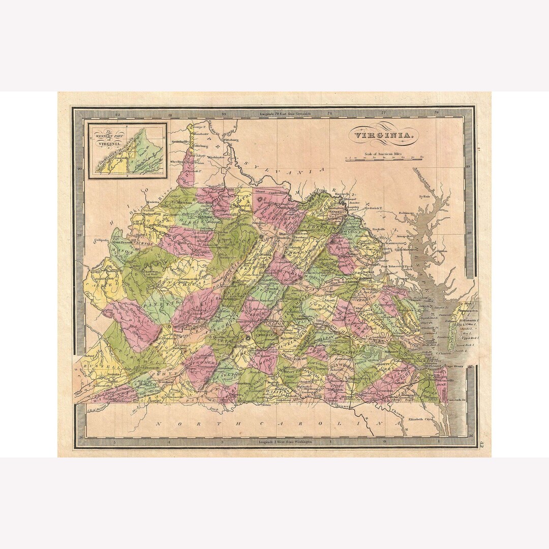 Virginia Historic Map by Greenleaf, 1848; First Quality Antique ...