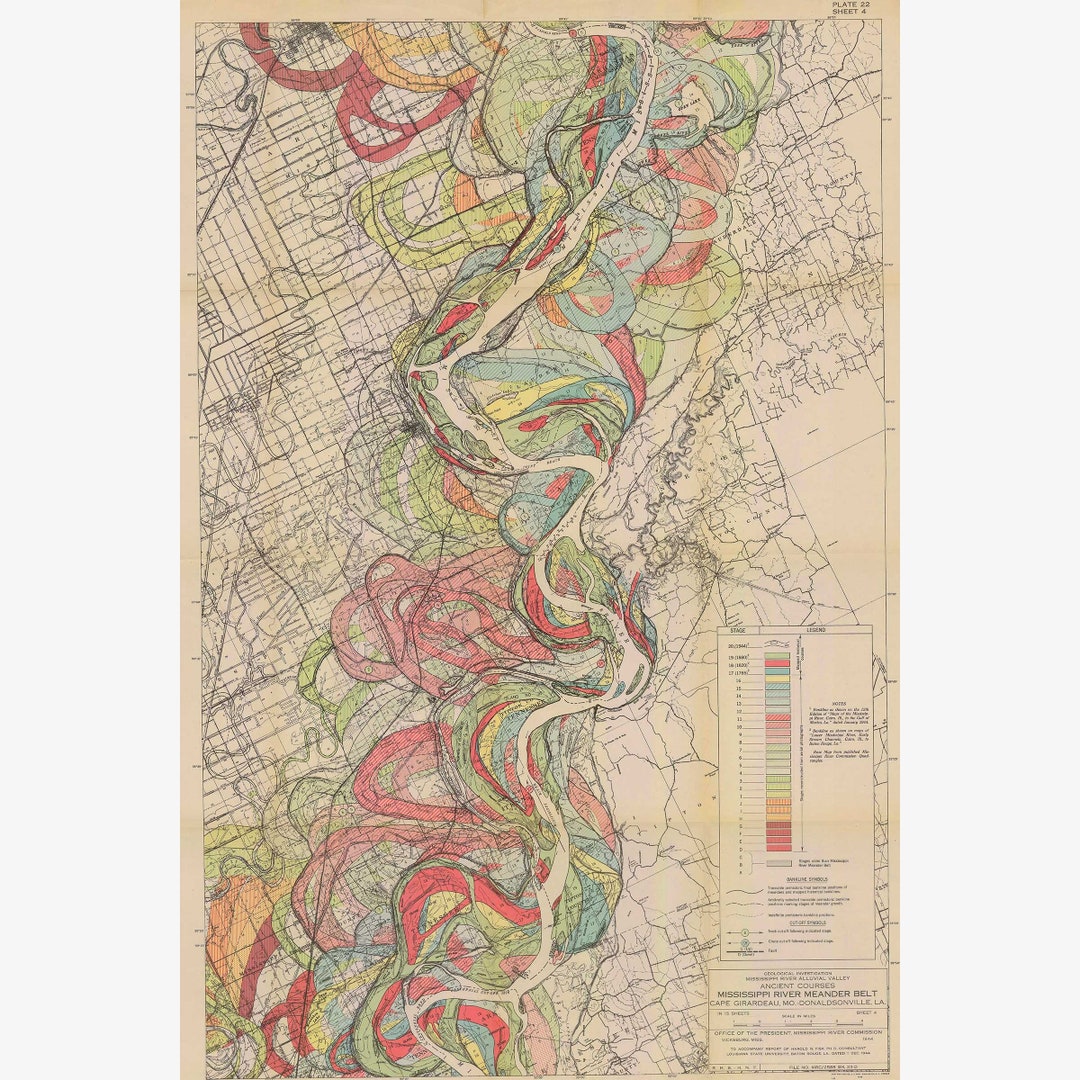 Mississippi River Meander Belt, Geological Map by Harold Fisk, 1944- 4 ...