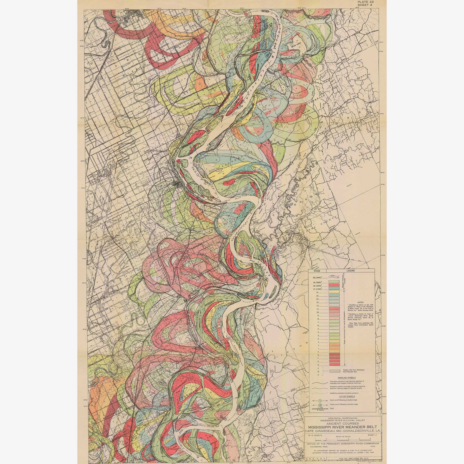 Mississippi River Meander Belt, Geological Map by Harold Fisk, 1944- 4 ...