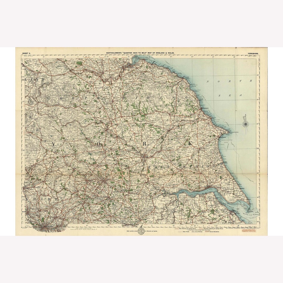 Yorkshire, England; Antique Map by Bartholomews, 1919 - Teak Wood ...