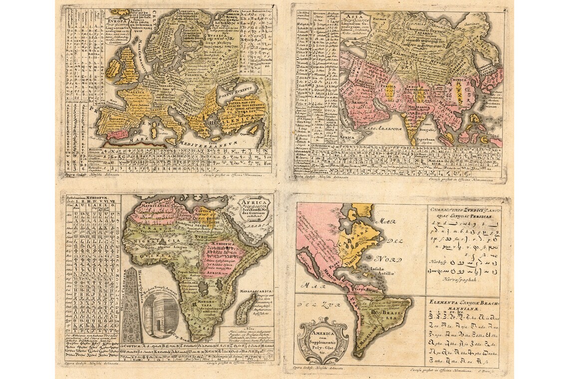 The earliest linguistic maps of the four continents 1741 | Etsy