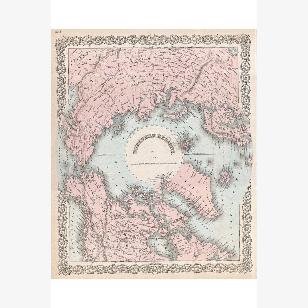 Northern Regions Map by J.H. Colton, 1872 - Polar View of Arctic North ...